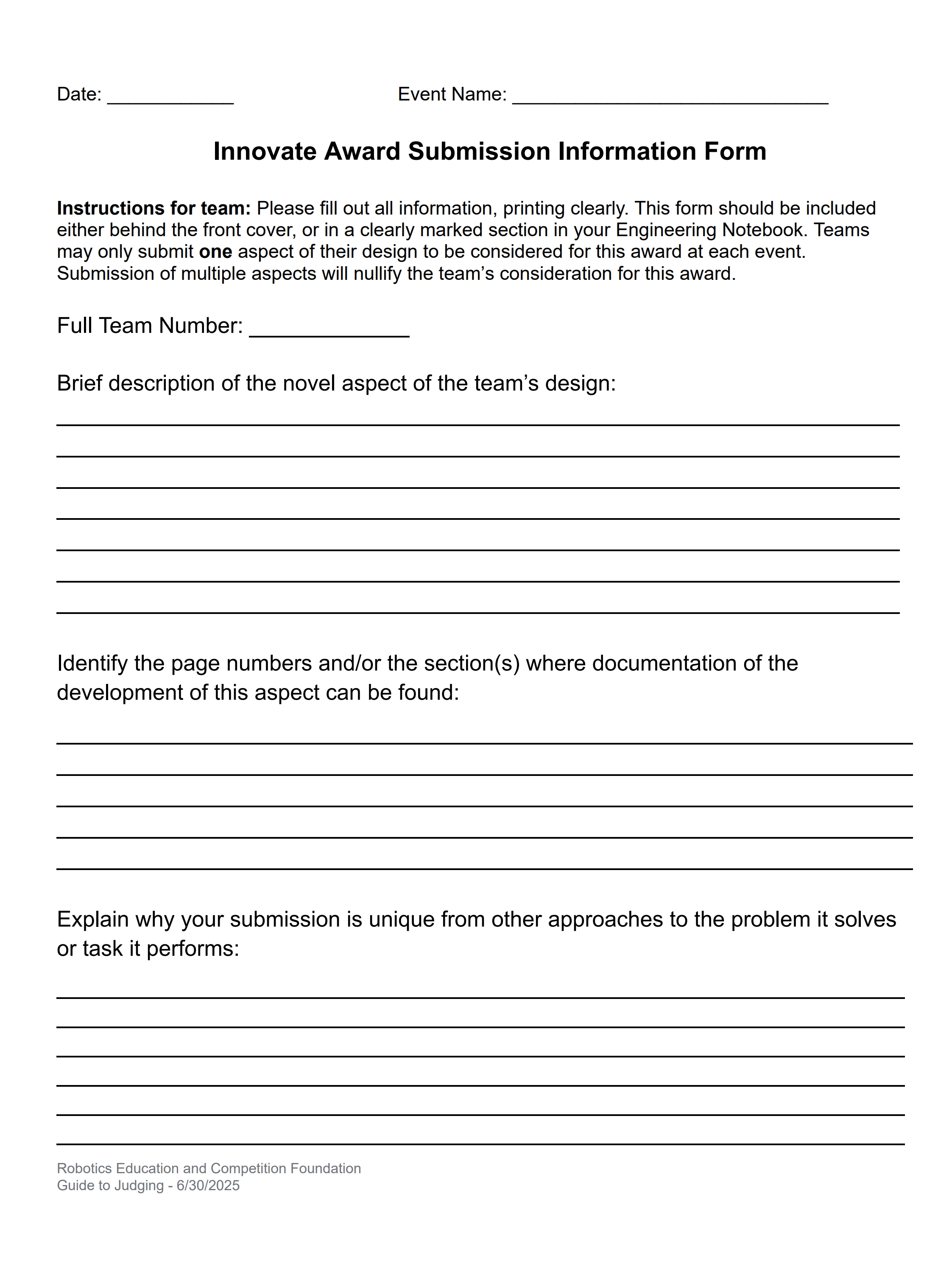 Judging Resource: Innovate Award Submission Information Form – V5RC