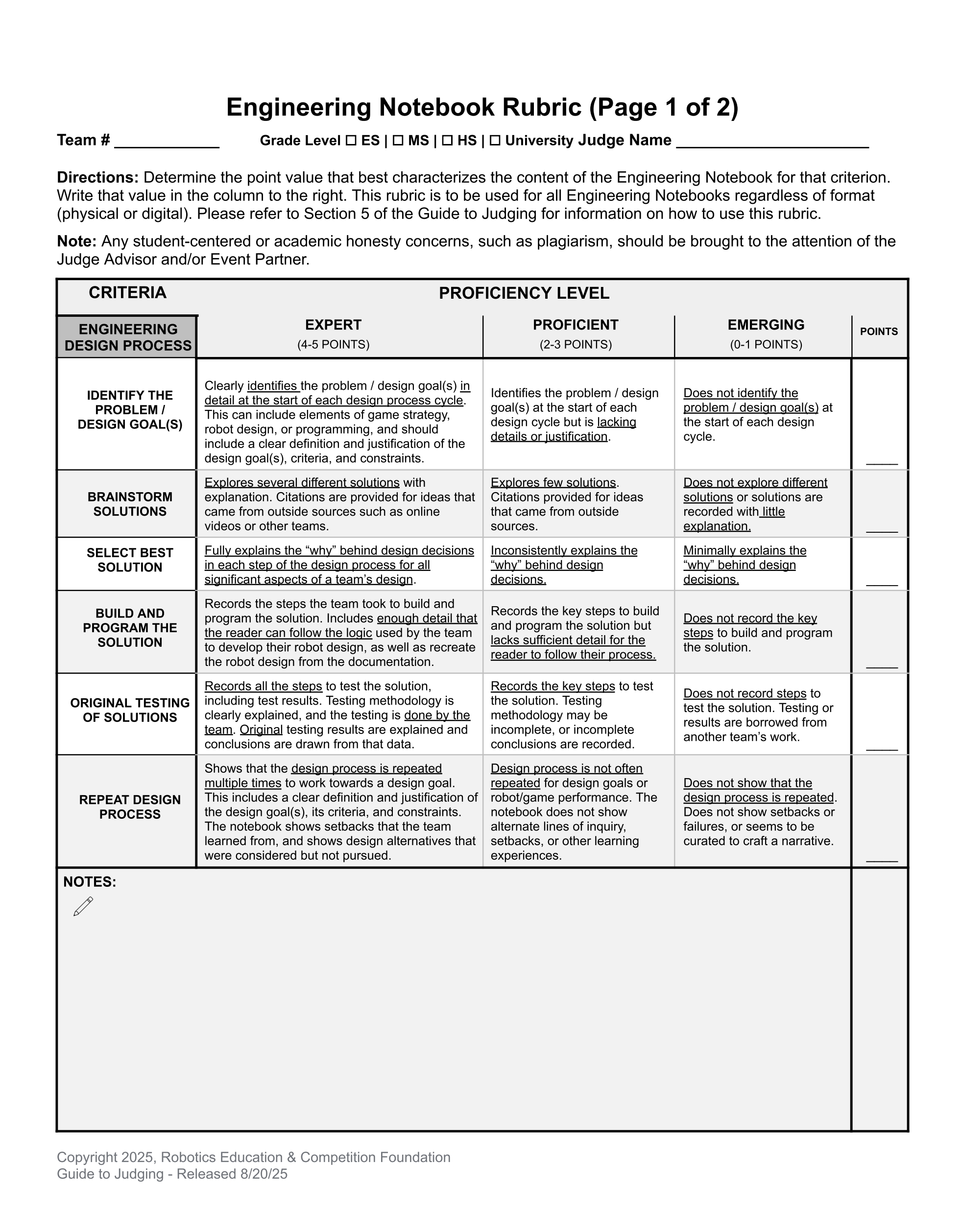 Judging Resource: Engineering Notebook Rubric – V5RC